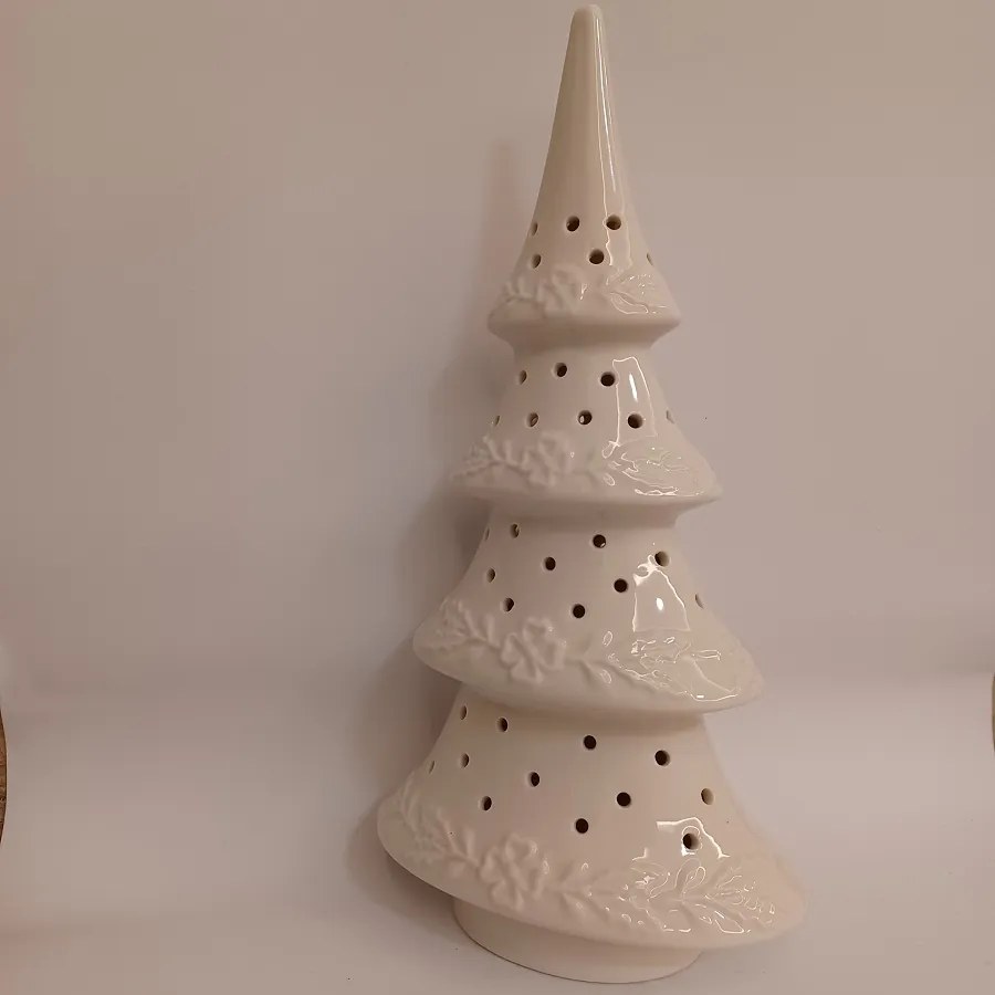 LED dekorace keramický stromeček, 15 × 9,2 × 29 cm, teple bílá, 2× LR44