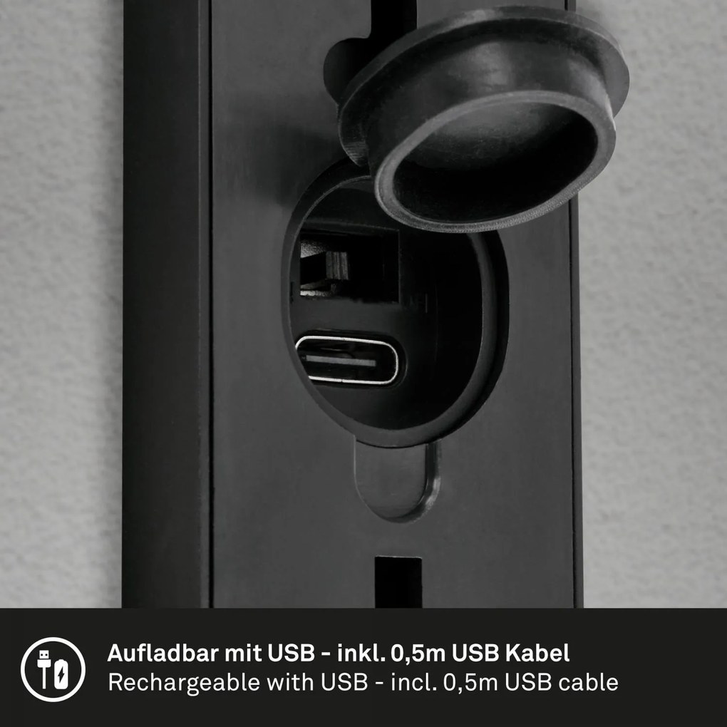 BRI 3786015 Lima LED venkovní nástěnné svítidlo, nabíjecí, 3 krokový dotykový stmívač, časovač, černé - BRILONER
