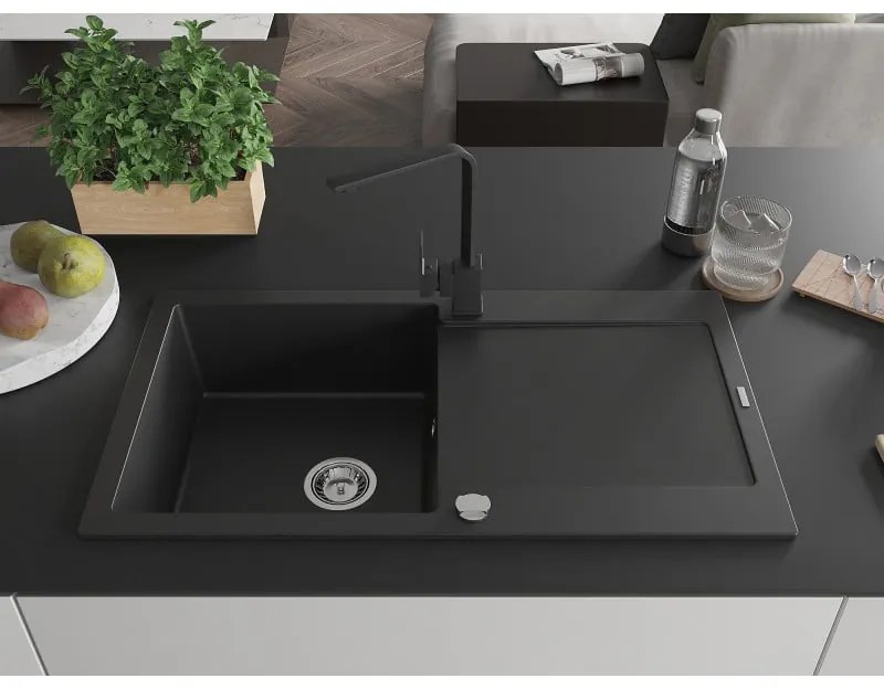 Mexen Leo, dřez granitový 900x500x190 mm, 1-komorový, černá s chromovým sifonem a černá dřezová baterie Rita, 6501-77-670300-70