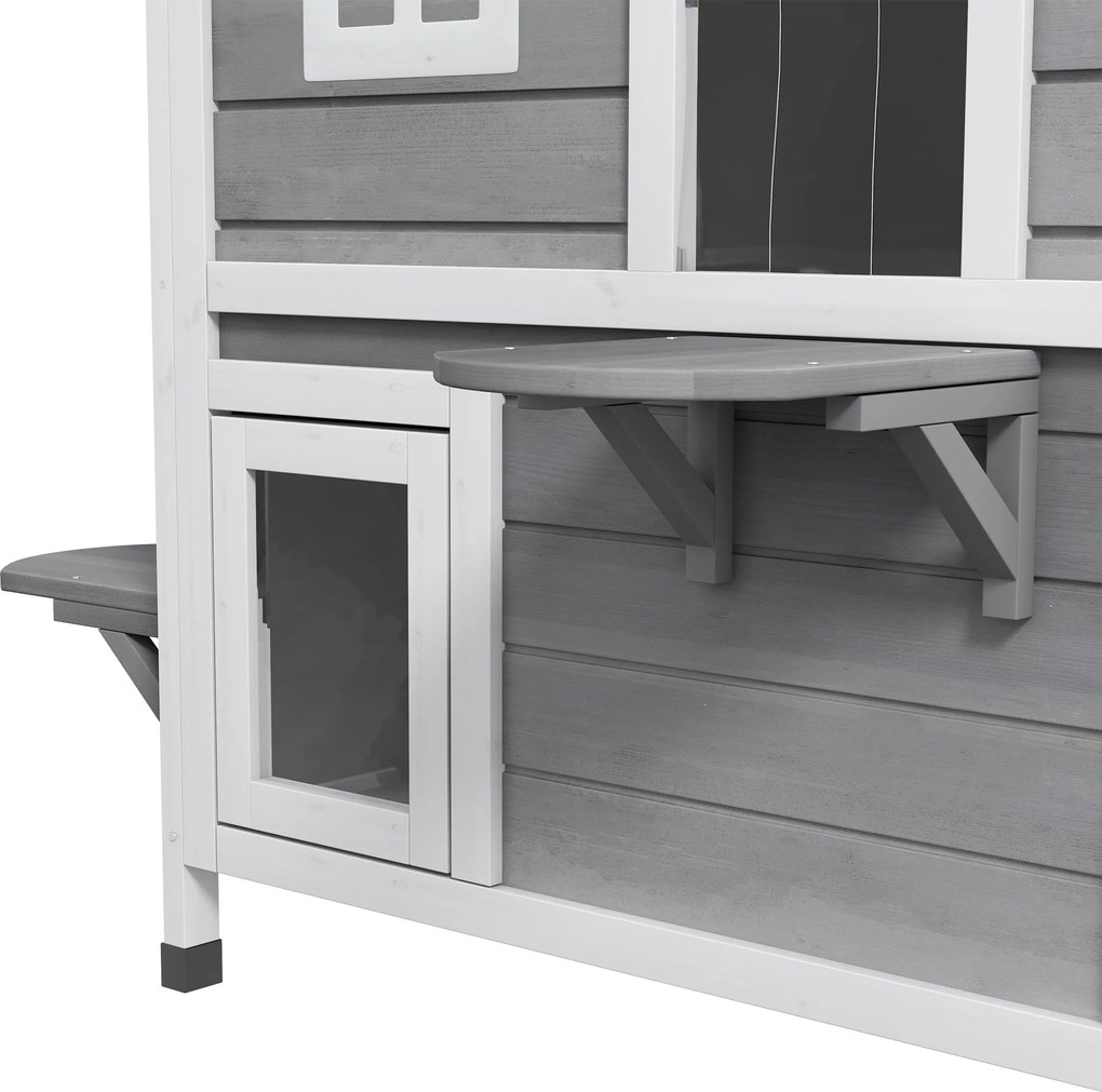 PawHut dřevěný domeček pro kočky 78 x 55,5 x 91 cm voděodolný s podlahou odolnou proti vlhkosti únikové dveře skákací plošiny otvor v podlaze šedý