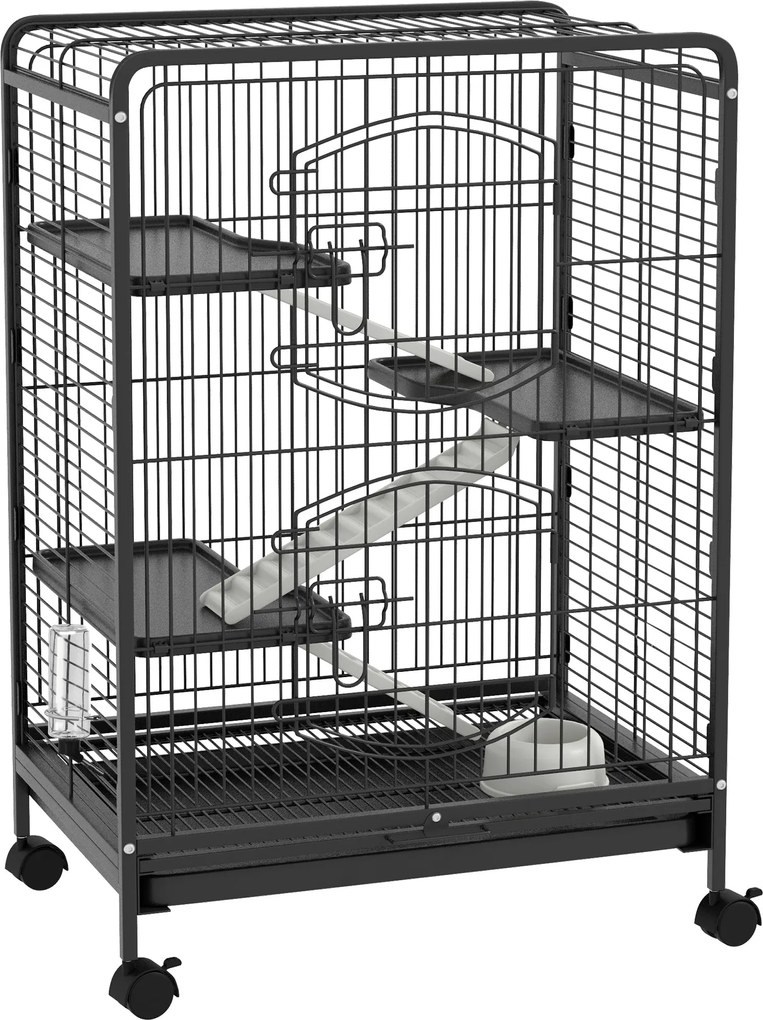 Klec pro malé hlodavce PawHut s kolečky, rampou, miskou, lahví na vodu a odnímatelným podnosem pro králíky, činčily a fretky 61,5x44x95 cm černá | Aos