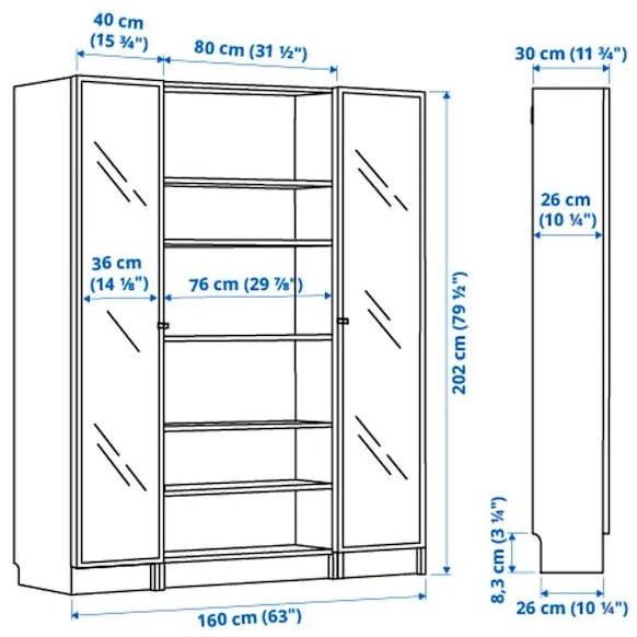 BILLY / HÖGBO Sestava knihoven s proskl. dvířky, černá vzor dub, 160x202 cm