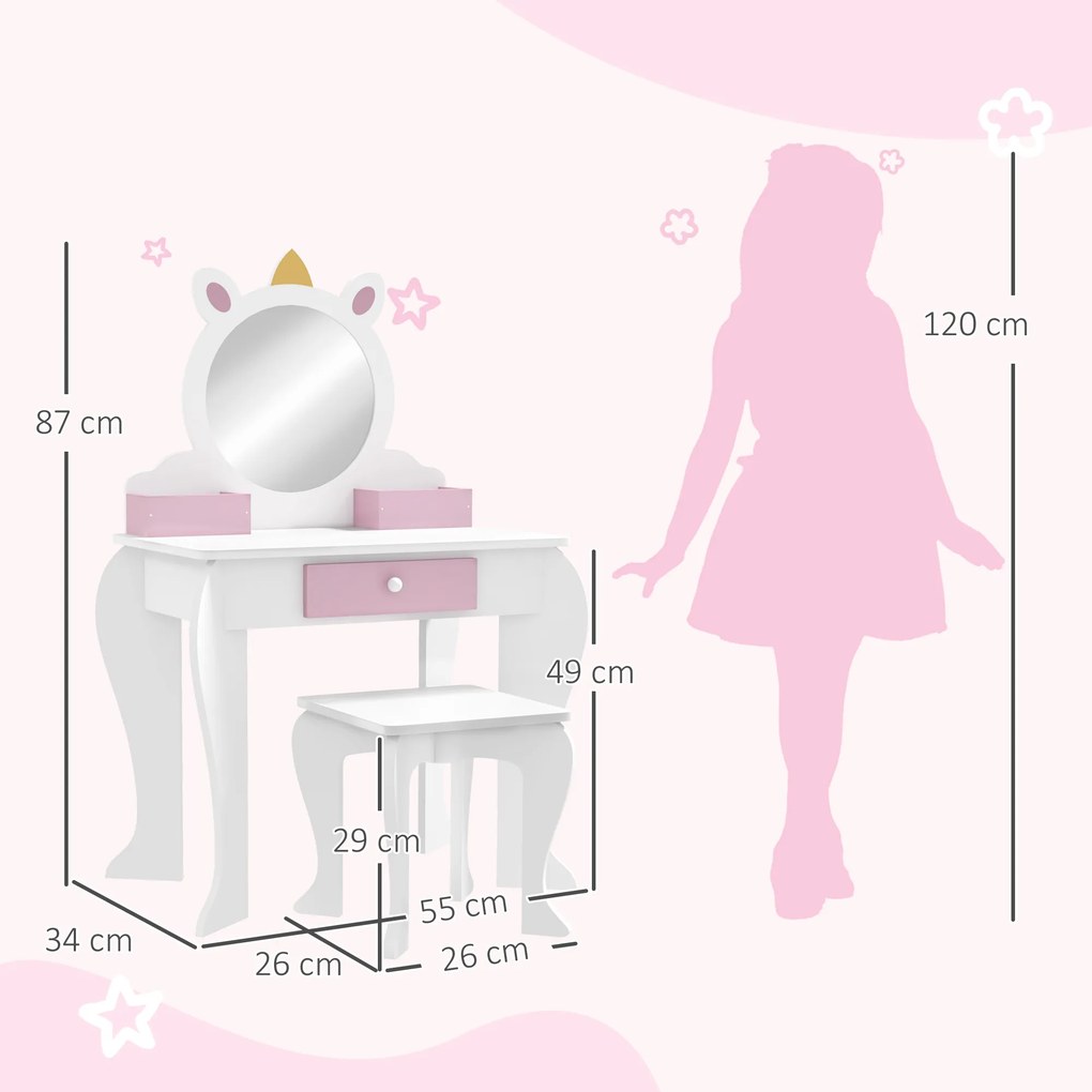 ZONEKIZ dětský toaletní stolek se stoličkou a zrcadlem, toaletní stolek pro dívky se zásuvkou a přihrádkami, design jednorožce, bílý