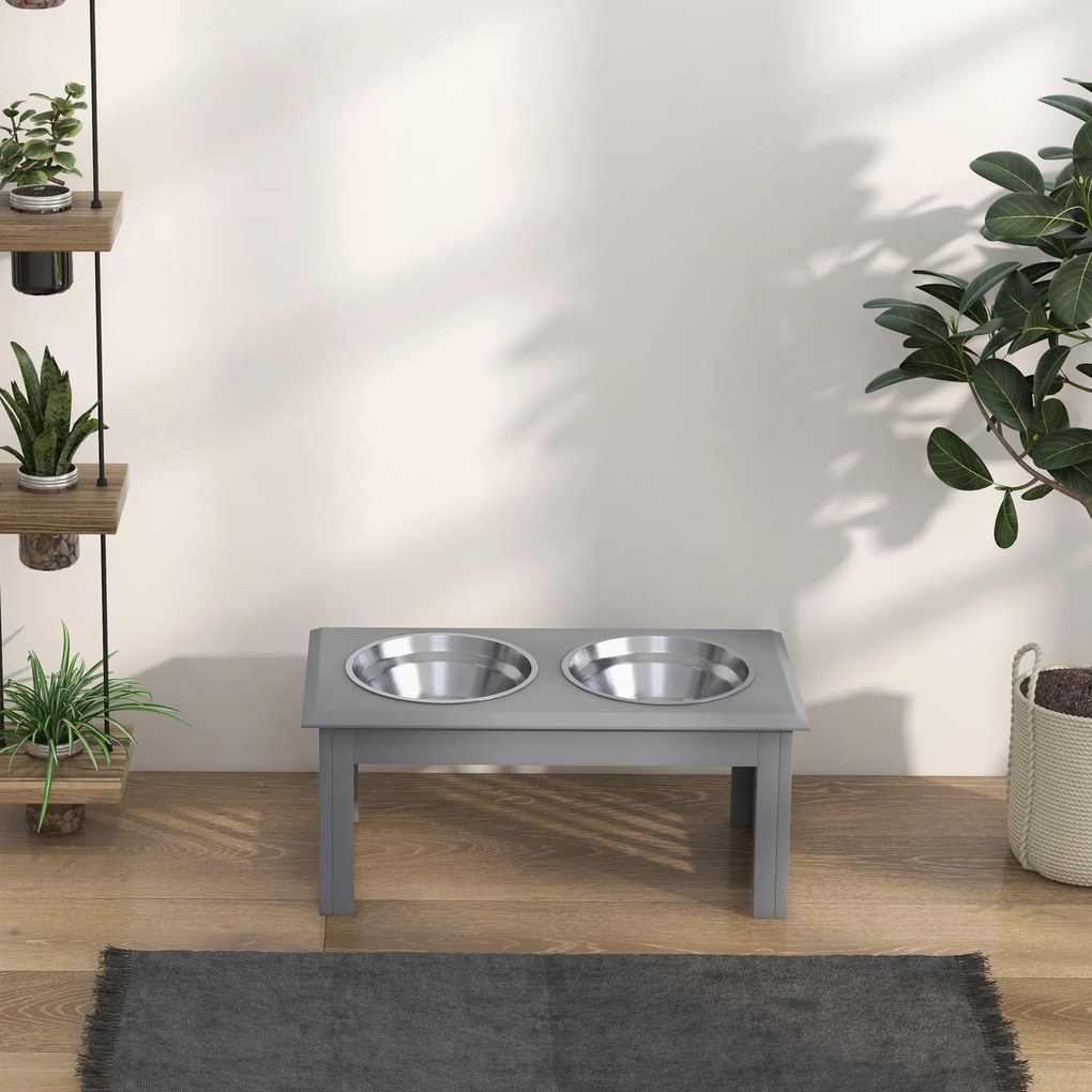 PawHut miska pro psy se 2 miskami 2L zvýšená miska na krmivo pro kočky snadná údržba nerezová ocel šedá 58,4x30,5x25,4cm