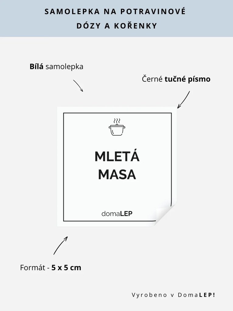 Samolepka na kořenky MLETÁ MASA bílá 5 × 5 cm tučné písmo