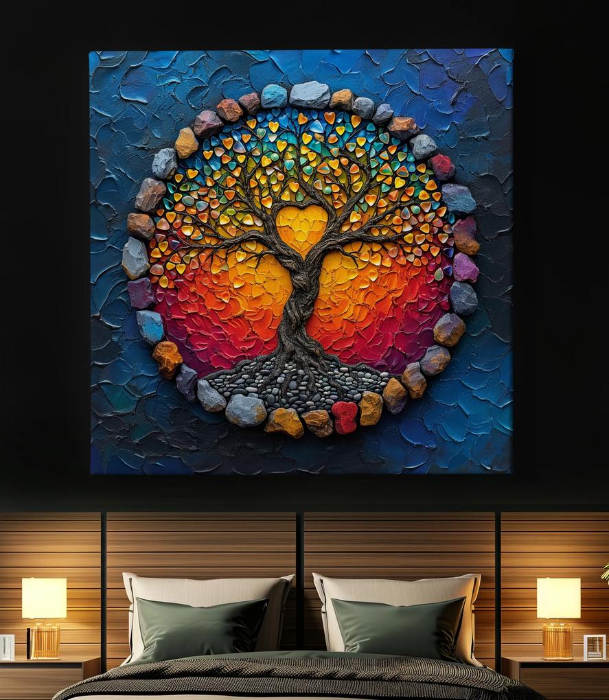 Obraz na plátně - Strom života Sluneční srdce s kamínky FeelHappy.cz Velikost obrazu: 120 x 120 cm