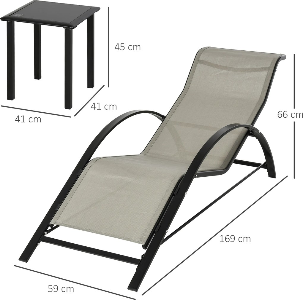3dílná sada zahradních lehátek, 2 lehátka a 1 odkládací stolek, kovový rám, šedá+černá barva