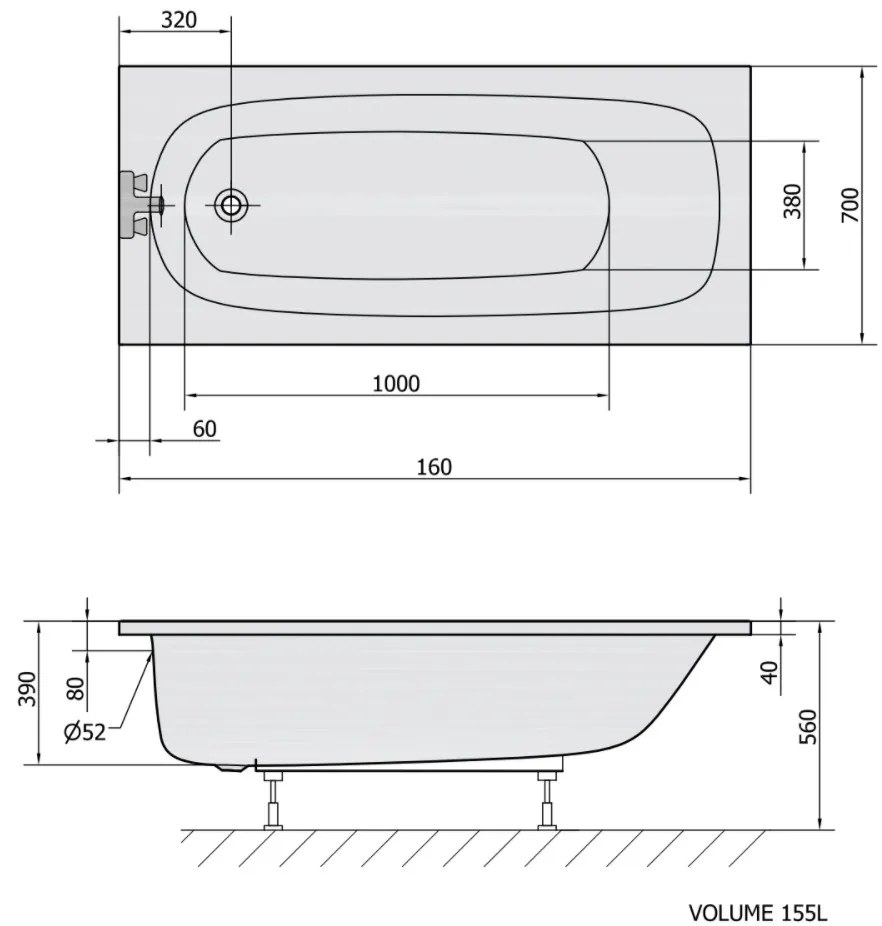 Polysan LAURA obdélníková vana s konstrukcí 160x70x39 cm, bílá, 24711