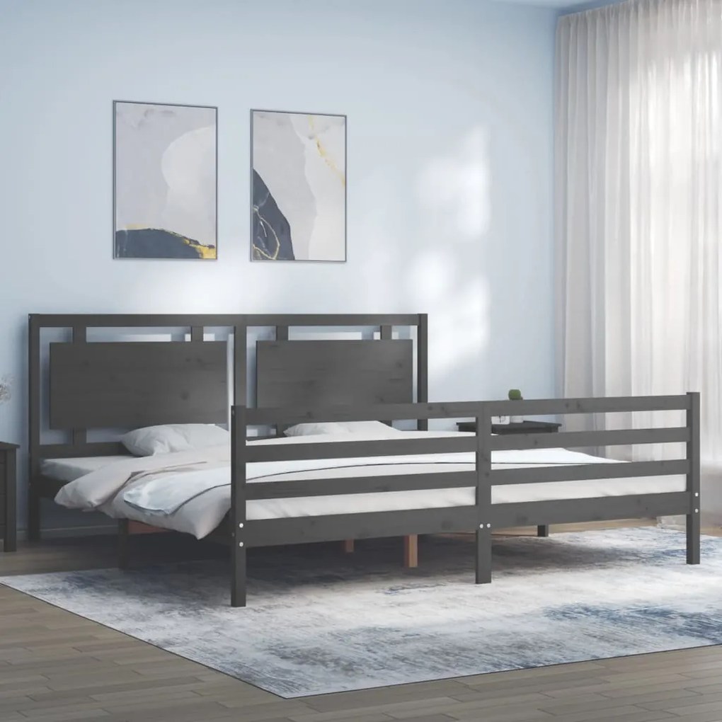 Rám postele s čelem šedý 200 x 200 cm masivní dřevo,  3194073