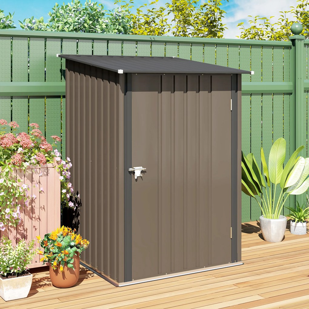 Outsunny Kovový Kůlna na Nářadí 1,6m³ 100x103x160cm Zahradní Kůlna s Šikmou Střechou a Zámkem Voděodolný Úložný Kabinet pro Zahradu, Hnědá