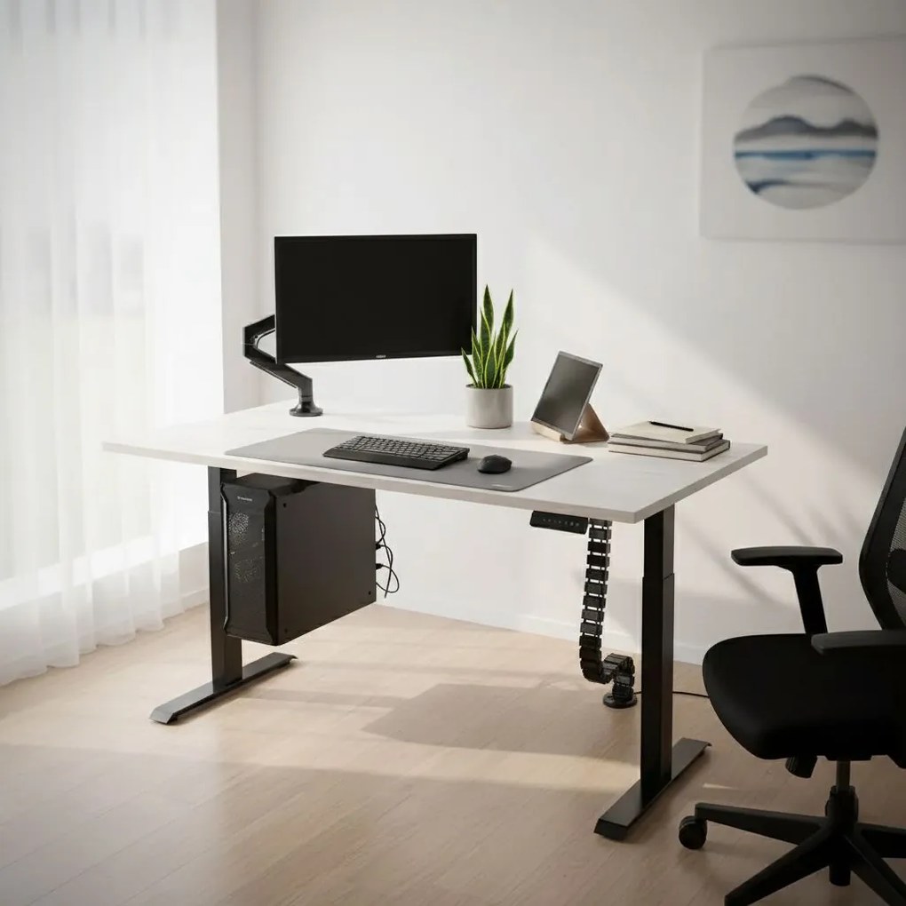 Výškově nastavitelný stůl OfficeTech B, 120 x 80 cm, černá podnož, bílý jasan