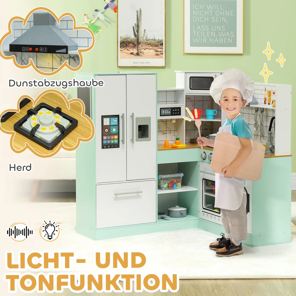 AIYAPLAY Kinderküche zum Spielen, Küchenset mit Tafel, Dunstabzugshaube, realistische Licht- und Soundeffekte, Küchenutensilien