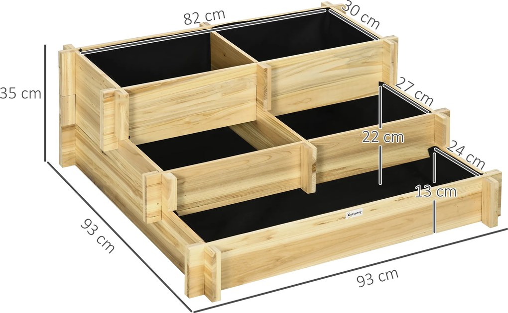 Dřevěný vyvýšený záhon Outsunny 93x93x35cm odolný proti povětrnostním vlivům Třípatrový květinový truhlík s textilním obložením Rozdělená plocha pro …