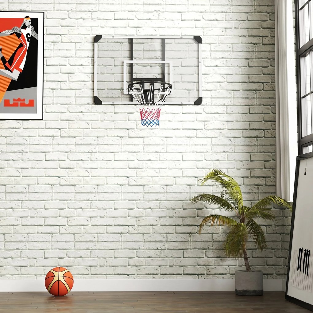 Nástěnný basketbalový koš SPORTNOW s basketbalovou deskou a sítí 113 x 61 x 73 cm z oceli pro venkovní aktivity v bílé barvě | Aosom.de