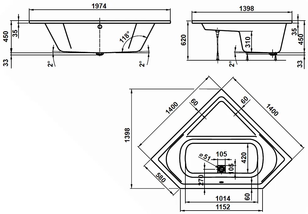 Vagnerplast Vana rohová s podporou,   1400x1400x450 VPBA140CAV3X-04 CAVALLO CORNER 140×140