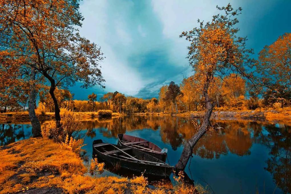 DIMEX | Vliesová fototapeta Řeka na podzim MS-5-3041 | 375 x 250 cm | modrá, bílá, oranžová, hnědá