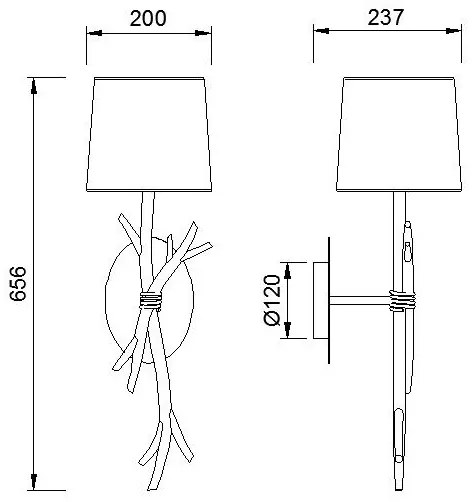 Mantra Sabina, nástěnné svítidlo v kombinaci dřeva a pytloviny s vypínačem, 1x40W E27, výška 65cm