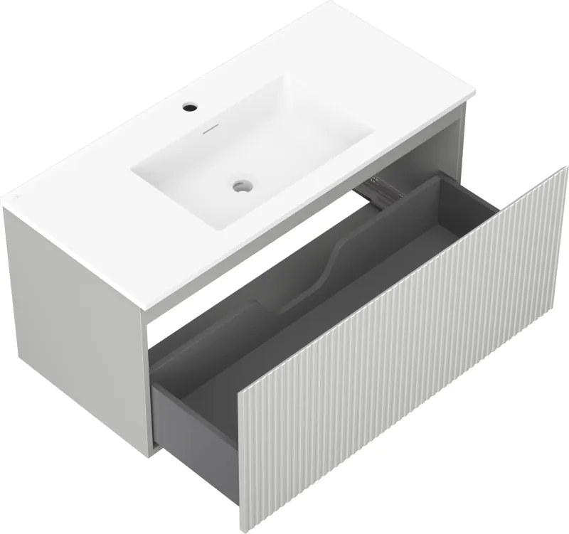 Mexen Rivel, koupelnová skříňka 100 cm s umyvadlem Otis, 1 zásuvka, drážkovaná, šedá matná/bílá, 91A20-10047-1-BF62-W18M01