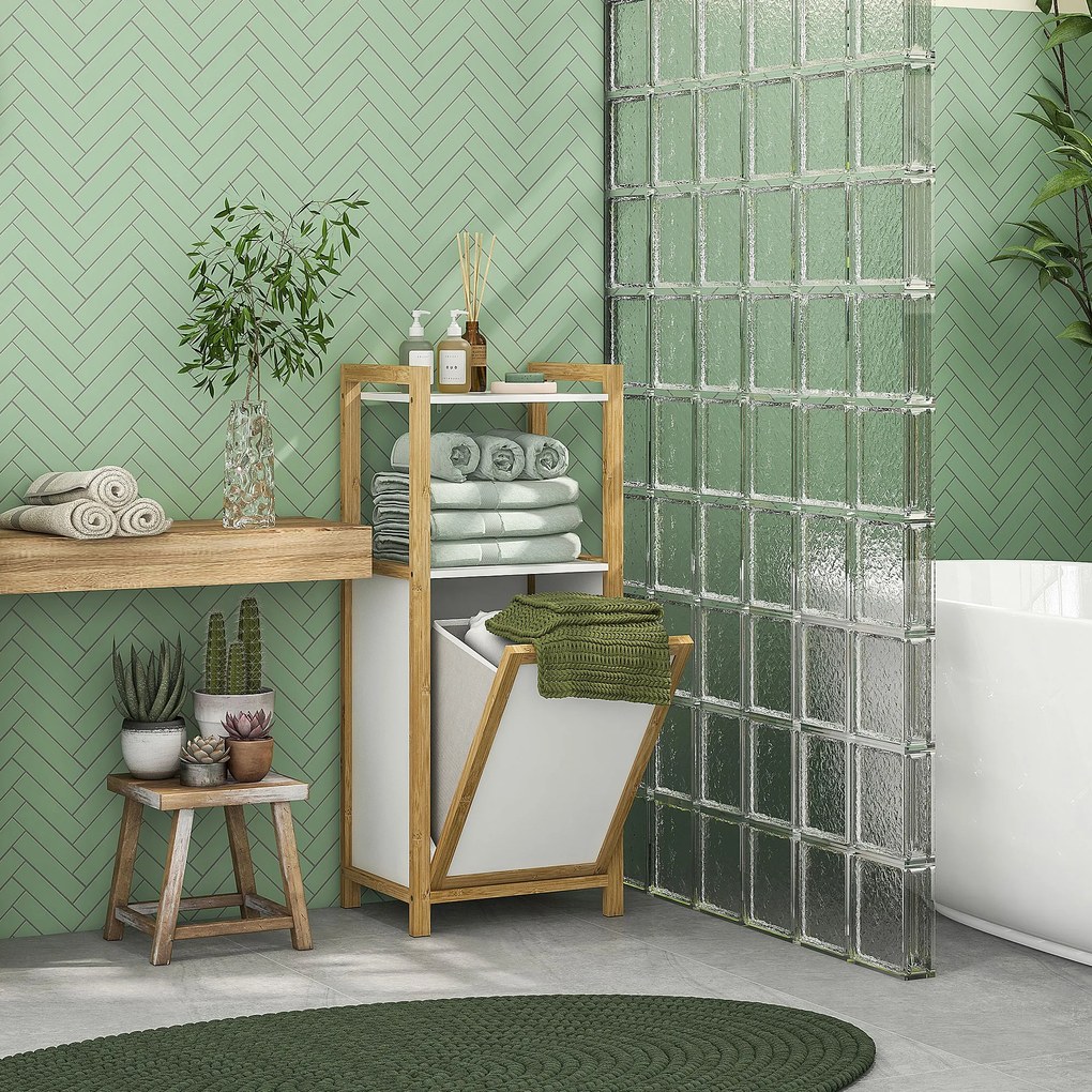 HOMCOM Bamboo Freestanding Laundry Hamper Cabinet - Koupelnová skříňka s proutěným košem - 2 police - 40L x 30Š x 86,5V cm