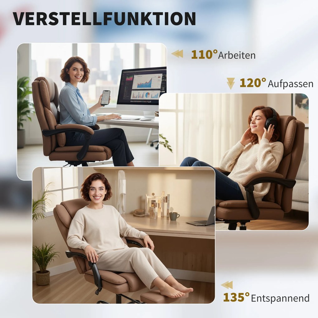 HOMCOM ergonomická kancelářská židle s opěrkou nohou — nastavitelná výška, bederní opora, 360° otáčení, eko-kůže přátelská k mazlíčkům, hnědá