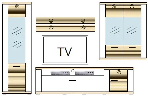Obývací stěna Boston, černá/dub ribbeck, s osvětlením