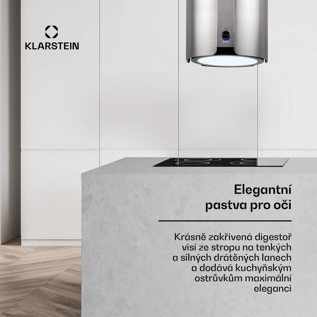 Klarstein Skyfall ostrovní digestoř Ø45cm s recirkulací 413m³/h LED