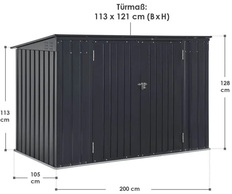 Kovový přístřešek, 3 popelnice, výklopné víko, 200×105×128cm