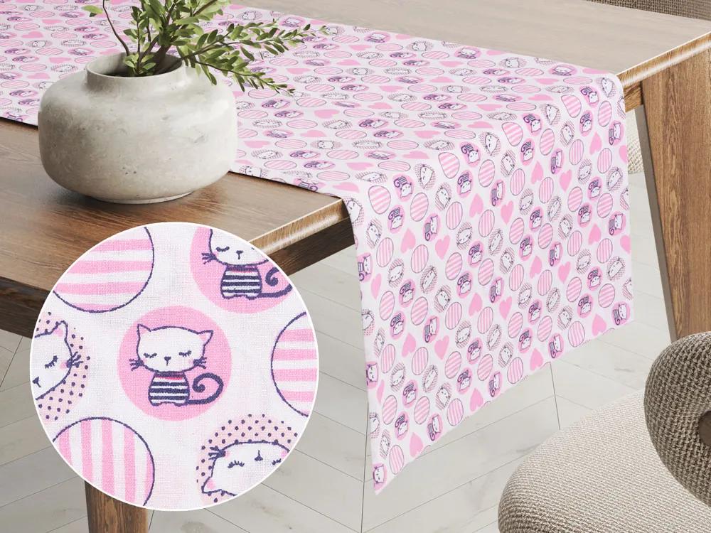 Biante Dětský bavlněný běhoun na stůl Sandra SA-126 Růžové kočičky a srdíčka 20x180 cm