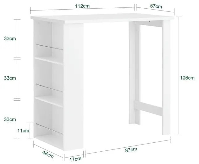 Sobuy SoBuy FWT17-W Barový stůl Odkládací stolek Kuchyňská linka Kuchyňský stůl se 3 policemi Bílá 112x106,5x57cm