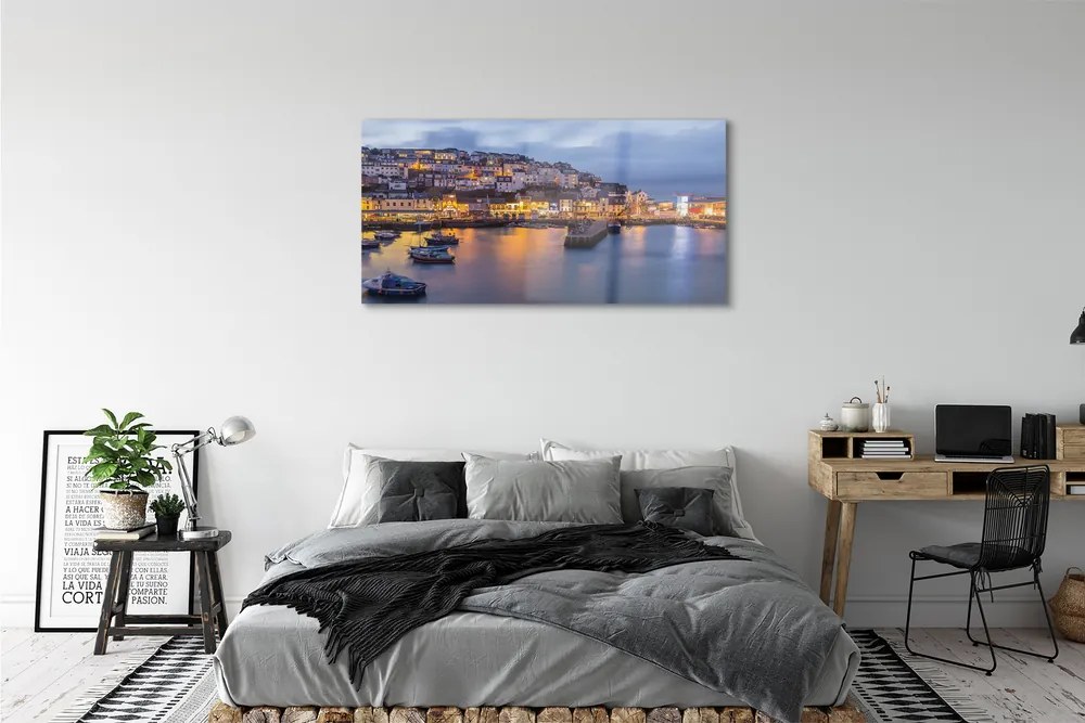 akrylový obraz Město noční moře loď 125x50 cm