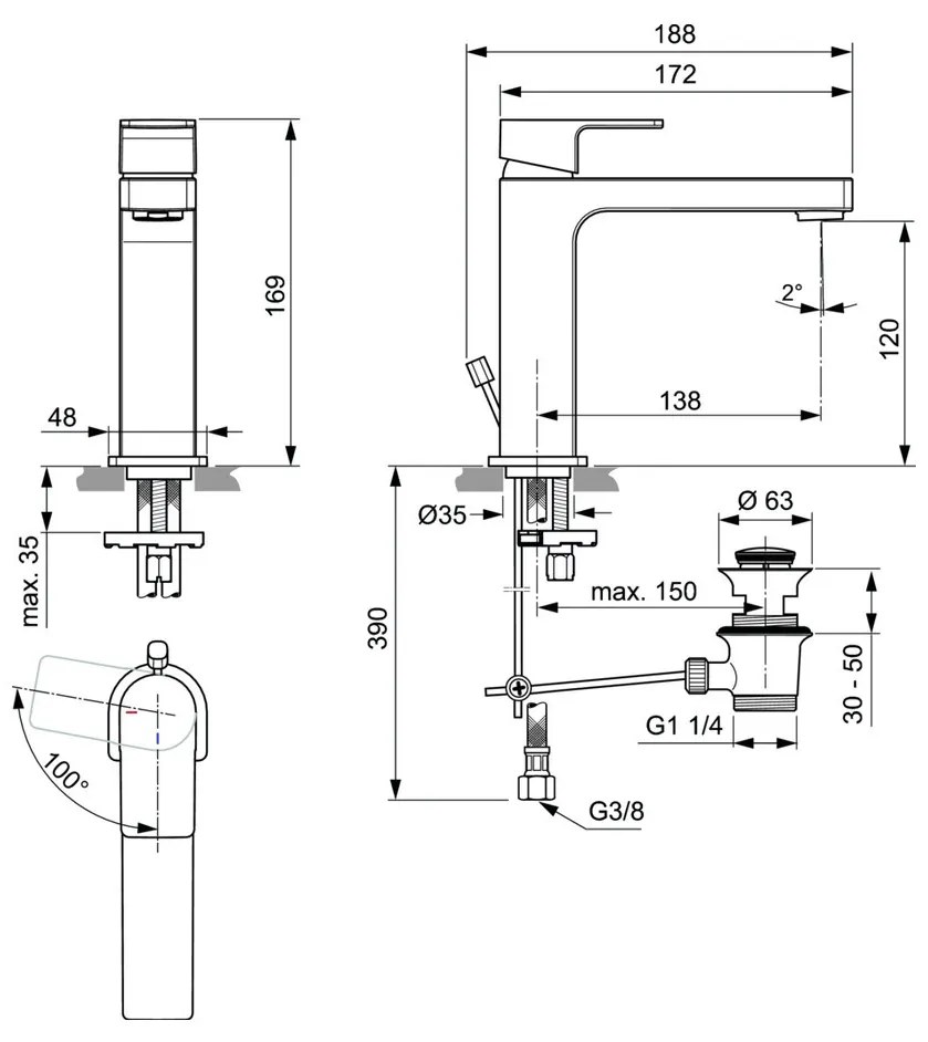 Ideal Standard Edge - Umyvadlová baterie GRANDE SLIM "BlueStart" s odtokovou garniturou, Chrom A7107AA