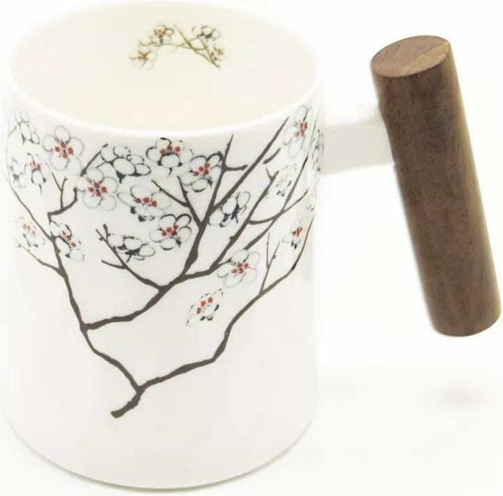 Porcelánový hrnek s dřevěnou rukojetí Třešňový květ, 400 ml – s motivem sakury v japonském designu