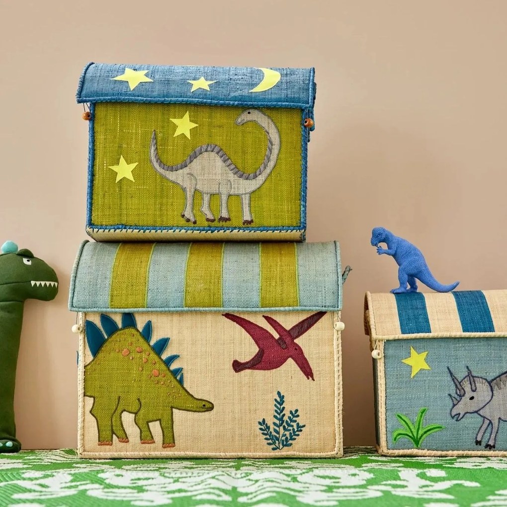 rice Dětský úložný box Raffia Dinosaur Theme S, modrá barva, zelená barva, béžová barva