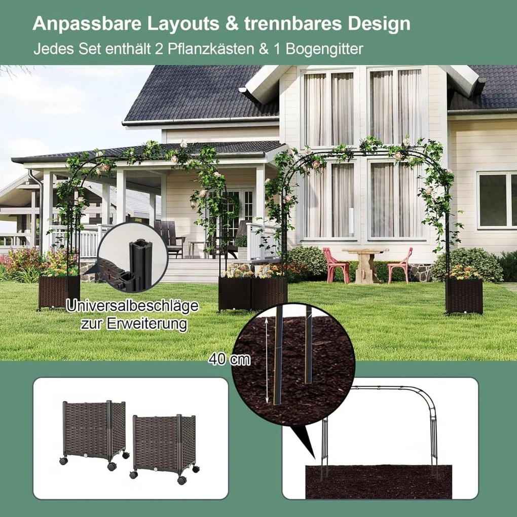 Costway Zahradní oblouk mřížovina s 2 truhlíky venkovní pergola mřížovina kovový