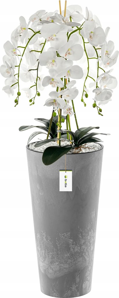 Orchidej umělá bílá kytice květy listy oblázky květináč Beton H 110 cm