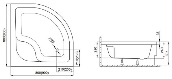 Polimat Čtvrtkruhová akrylátová sprchová vanička Pako 3 80x80 (90x90) Barva: Bílá, Rozměry (cm): 80x80