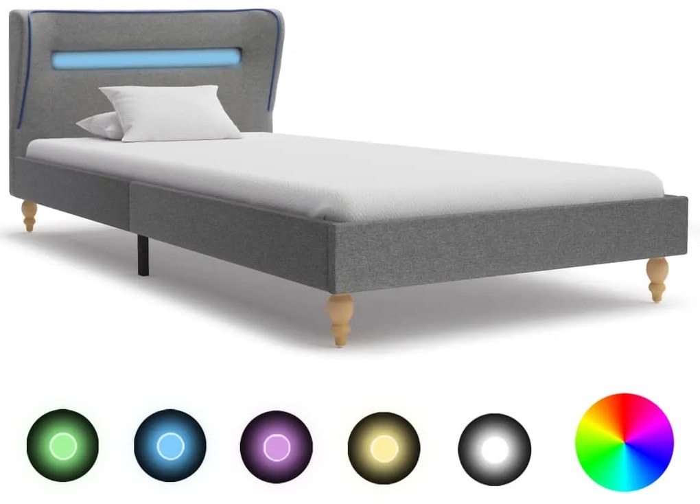 280597 vidaXL Rám postele s LED světlem světle šedý textil 90 x 200 cm