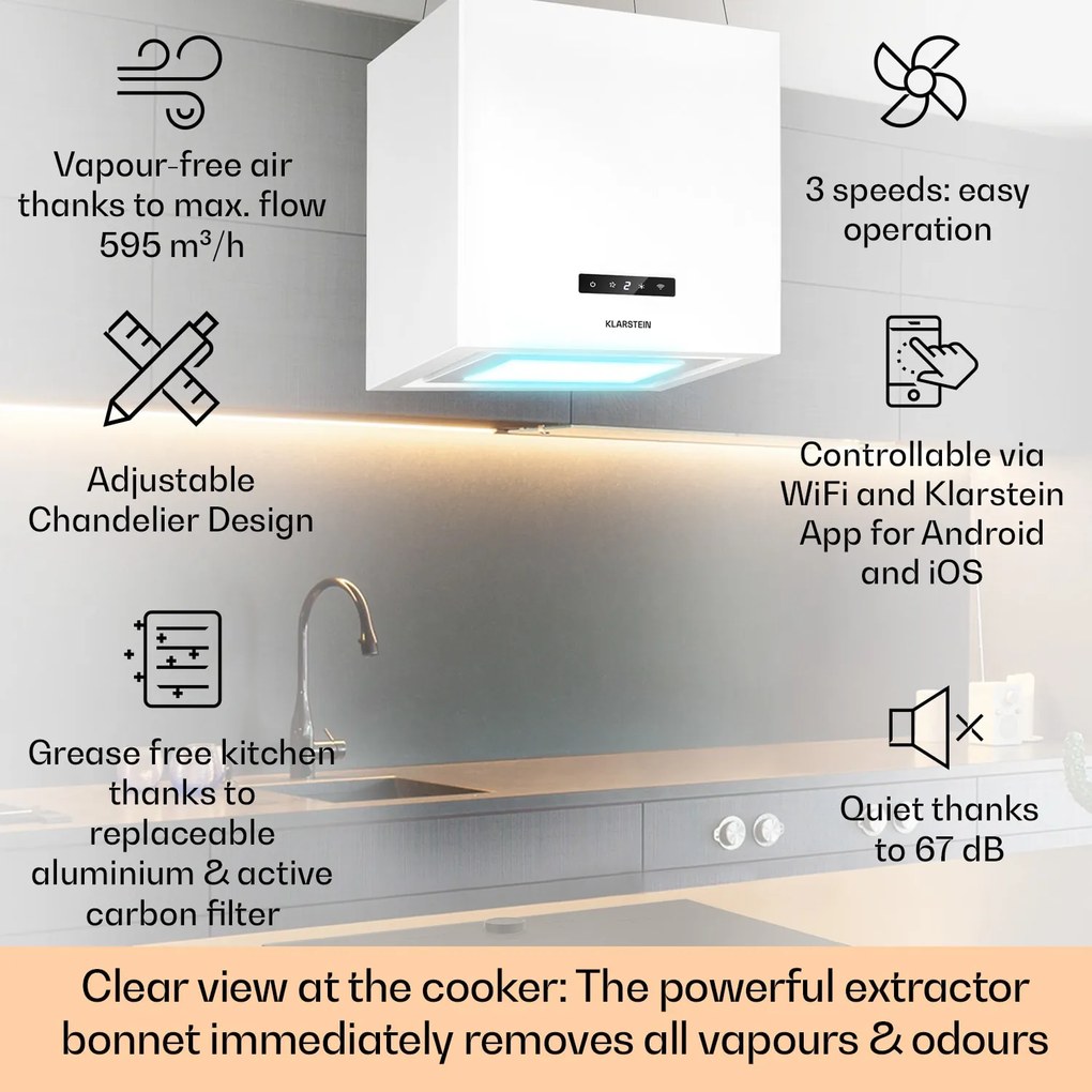 Kronleuchter Smart, digestoř, 40 cm, ostrůvková, 595 m³/h, ovládání přes aplikaci, LED panel, bílá