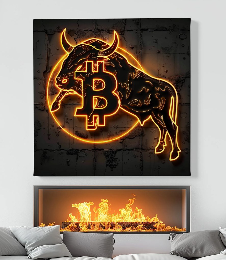 Obraz na plátně - Bitcoin Býk, neon logo FeelHappy.cz Velikost obrazu: 100 x 100 cm