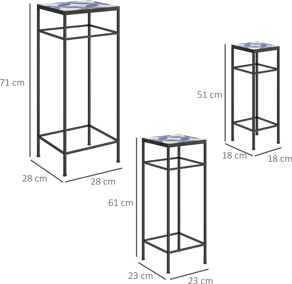 sada 3 stojanů na rostliny, 3 stojany různých velikostí pro vystavení květin a jiných předmětů, modrá+bílá