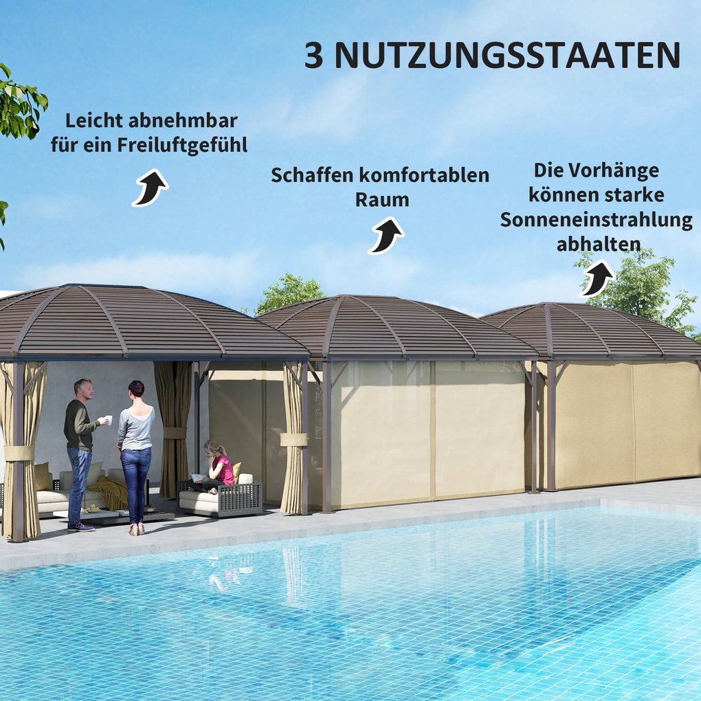 Zahradní altán 4×3 m s pevnou střechou, hliníkový pavillon, moskytiéra, bočnice, voděodolný, hnědý