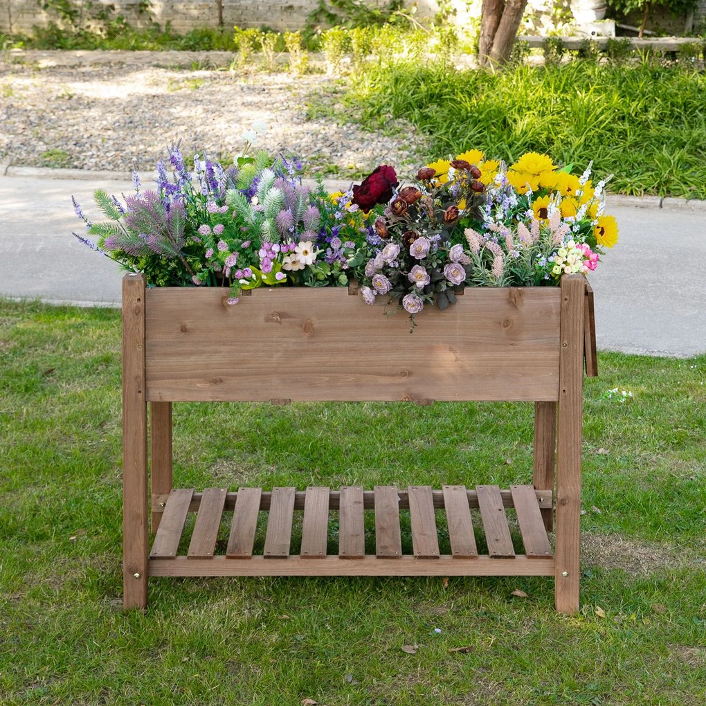 Vyvýšený záhon Outsunny s 8 dělenými sekcemi, skládacími policemi a květináčem, solidní dřevo, hnědý, 123 x 54 x 80 cm