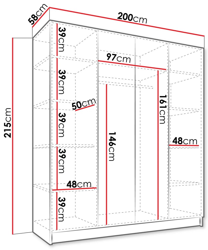 Velká šatní skříň 200 cm se zrcadlem TOSIA 2 - bílá / zlatá