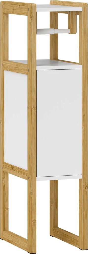 HOMCOM Úsporný koupelnový mobil s držákem toaletního papíru, skříňkou a policí, kompaktní bambusová skříňka, 20x33x80cm, bílá | Aosom