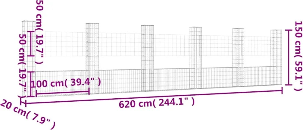 Gabionový koš ve tvaru U se 6 sloupky železo 620 x 20 x 150 cm 151286