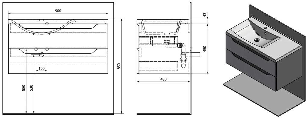 Sapho Sapho, Koupelnový set WAVE 90, levá, bílá/dub Alabama, KSET-053