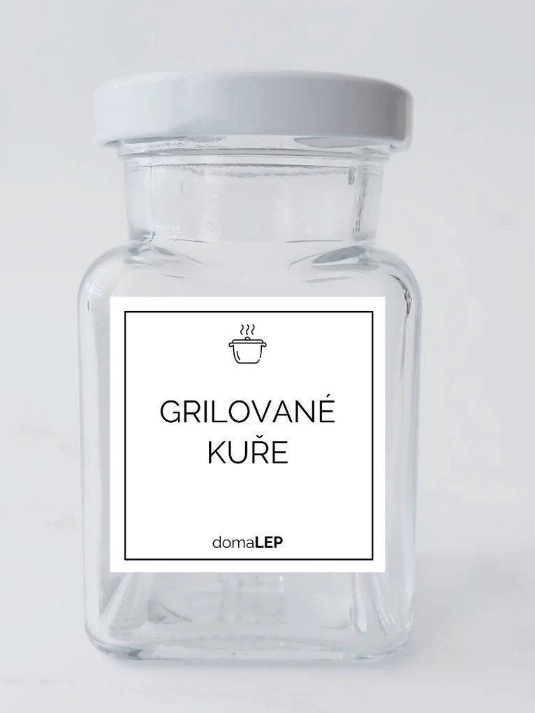 Samolepka na kořenky GRILOVANÉ KUŘE bílá 5 × 5 cm základní písmo