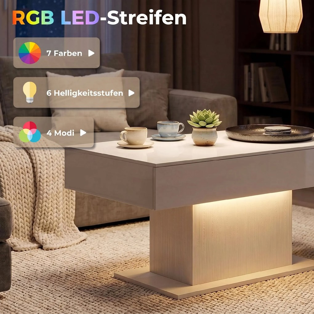 HOMCOM LED konferenční stolek s úložným prostorem, vysoký lesk, moderní, 2 zásuvky a dálkové ovládání, bílá