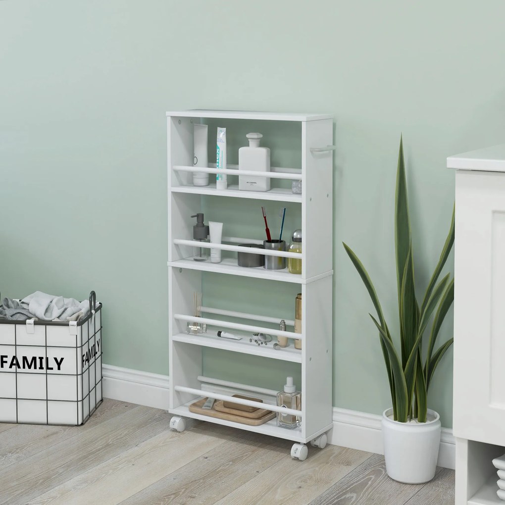 HOMCOM Vozík, úzký servírovací vozík se 4 policemi, úchyty, úložný vozík do kuchyně, obývacího pokoje, bílý, 45 x 15 x 91 cm | Aosom