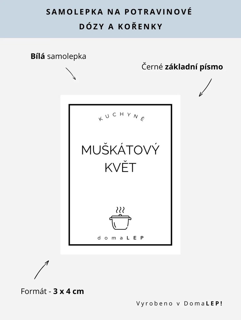 Samolepka na kořenky MUŠKÁTOVÝ KVĚT bílá 3 × 4 cm základní písmo